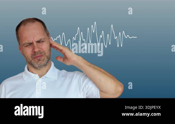 Man suffering from ear pain or tinnitus with a moving waveform graphic ...
