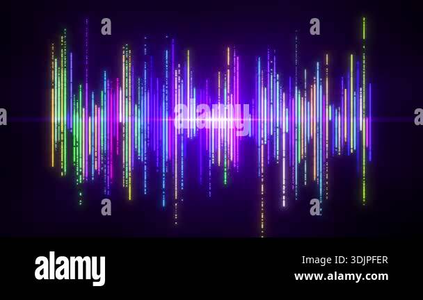 Colorful glowing audio waveform with neon light bars on dark background ...