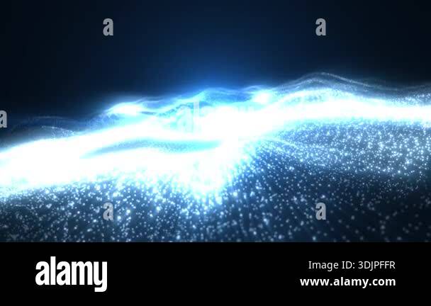 Glowing blue particle wave flowing across a dark space, abstract energy ...