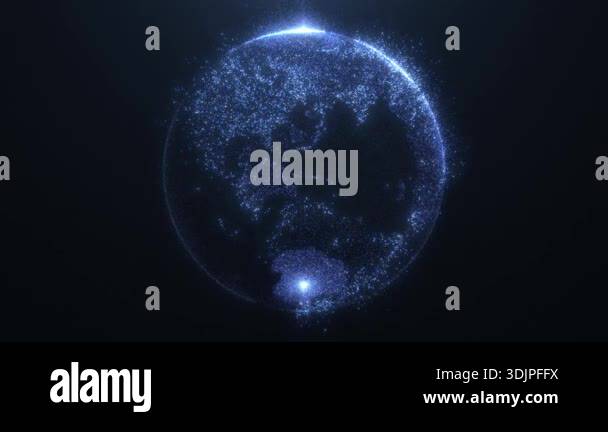 Glowing digital Earth made of blue particles rotating in space, big ...