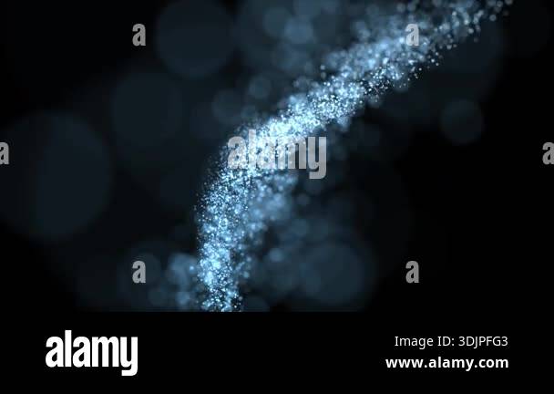 Abstract blue particles form a flowing digital wave on a dark ...