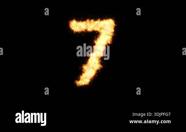 Fire number seven 7 on black background, flame countdown animation ...