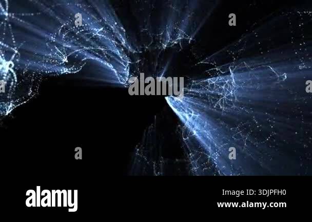 Abstract blue light rays and digital particles bursting from a dark ...