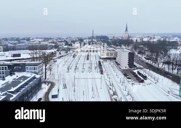 Winter Aerial View of Baltic Station and Old Town Skyline, Tallinn - 4K ...