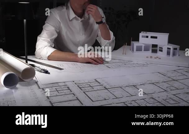 Architect deeply focused on architectural drawing and a scale model ...