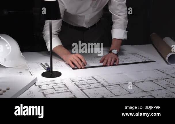Female architect working on detailed building plans, measuring designs ...