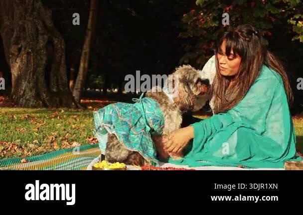An Indian woman in a traditional outfit lovingly dresses her dog ...