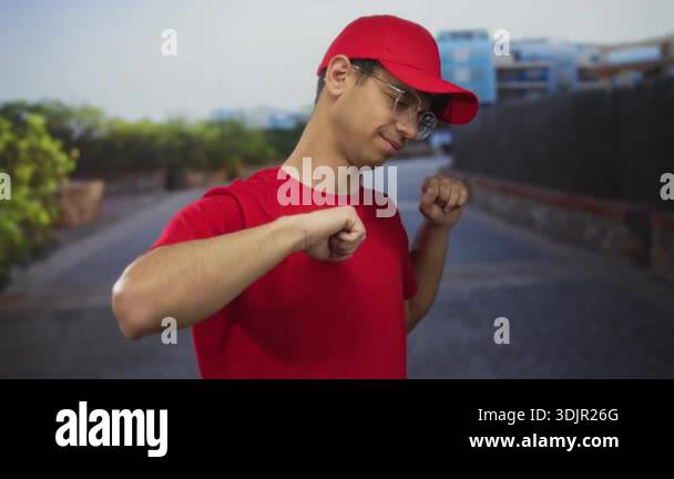 Young man raises hands in a celebratory gesture on a cobblestone street ...