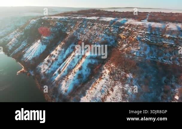 FPV drone aerial shot. Beautiful nature landscape in winter of the ...