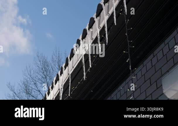 Icicles hang from a dark house roof gutter against a blue sky. Bright ...