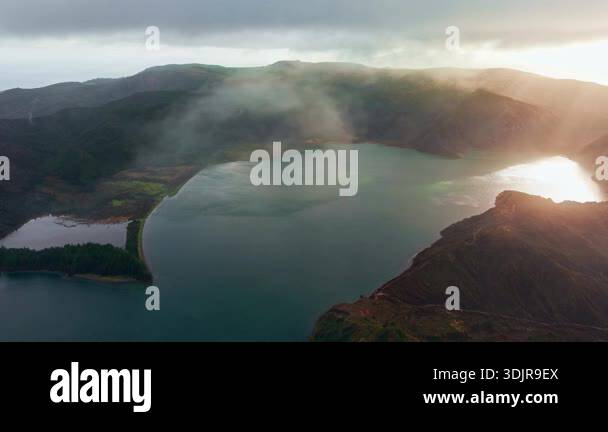 Amazing aerial view of the volcanic Lake Lagoa do Fogo on Sao Miguel ...