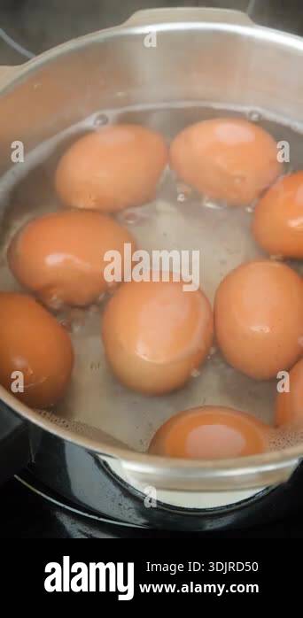 Cooking eggs in boiling water for breakfast, vertical close up Stock ...