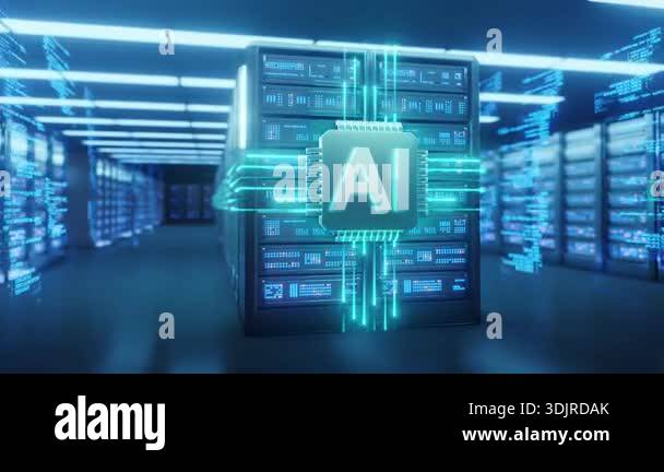 3D render: AI chip over server racks data center. Blue glowing digital ...