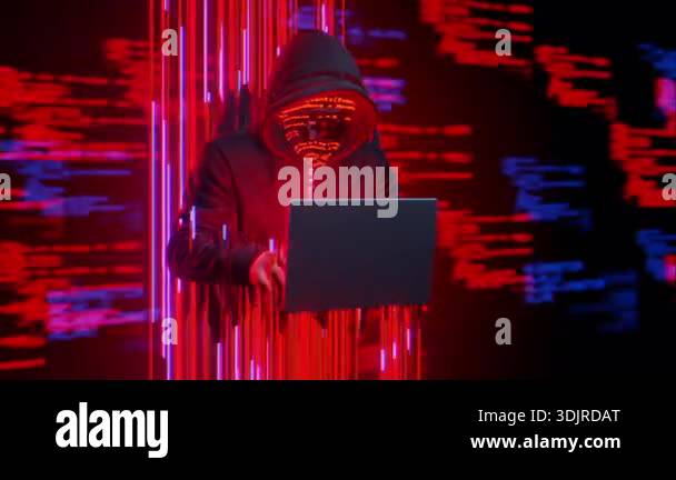 Hooded hacker working laptop, abstract data code background, red blue ...