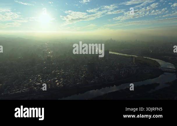 City skyline under hazy sky during sunset. Taipei, Taiwan Stock Video ...