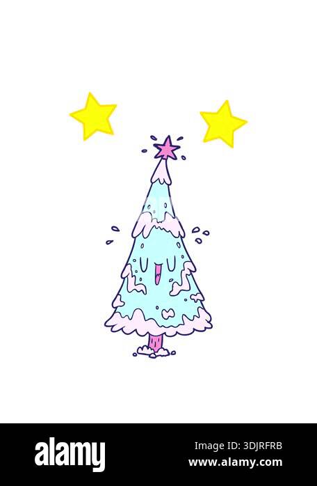 spinning stars animation of snowy christmas tree with happy face Stock ...