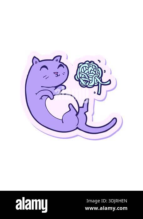 shaking motion animation of sticker of a cartoon cat with ball of yarn ...