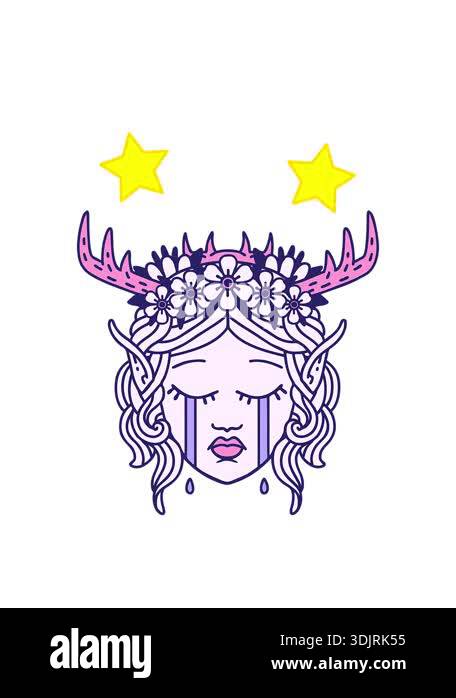 spinning stars animation of Retro Tattoo Style crying elf druid ...