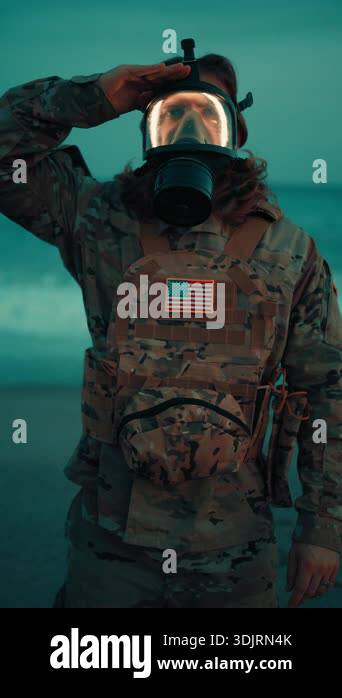 American Soldier Salutes in Front of American Flag at Night After ...