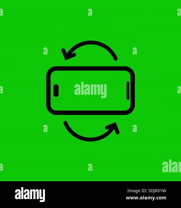 Rotating smartphone landscape prompt animation green screen. Black flat ...