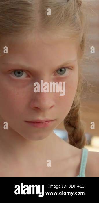 Headshot Caucasian unhappy child little girl worry daughter pupil ...