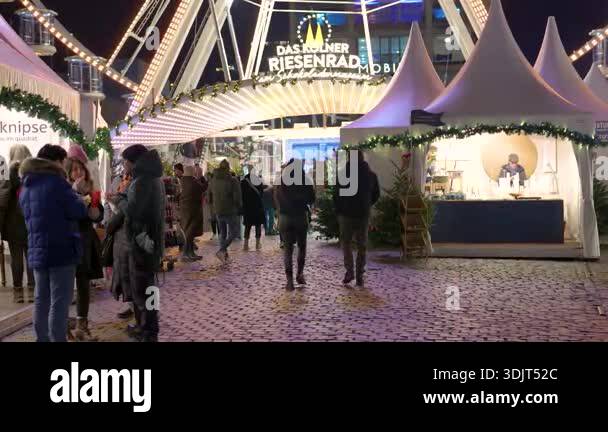 Night Market By Ferris Wheel, Glowing Tents And Booths, Visitors ...