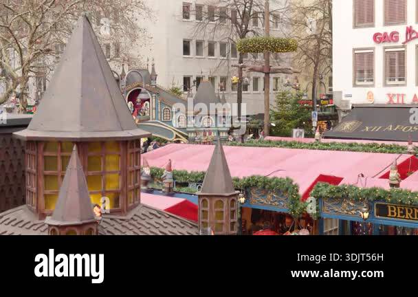 CloseUp Wooden Stall Rooftops Christmas Market Warm Lantern Glow ...