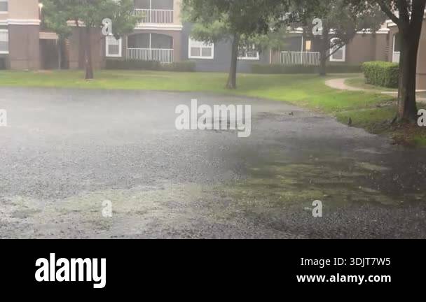 Heavy rainwater collects on the edge of the grass and creates shallow ...