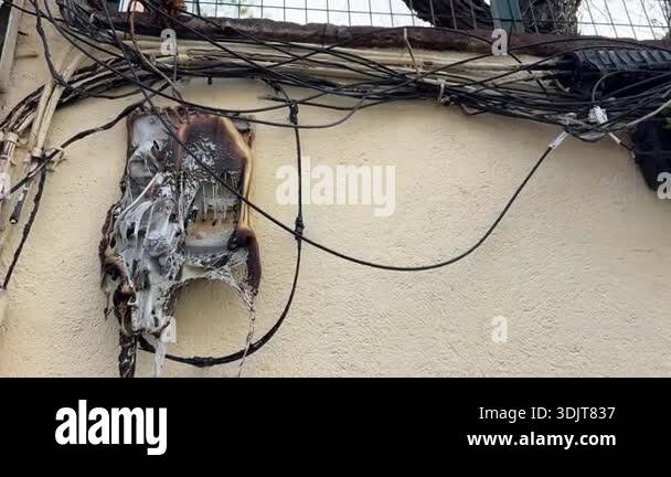 Melted and burnt electrical junction box on a buildings wall. Charred ...
