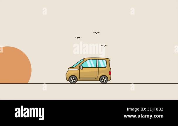 An animation of a mustard electric car driving against a sky background ...