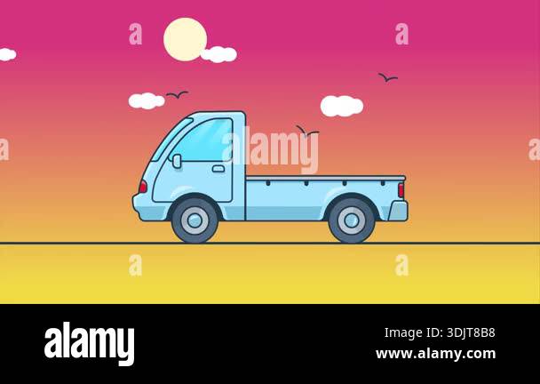 An animation of a pickup truck driving against a sunset sky, with birds ...
