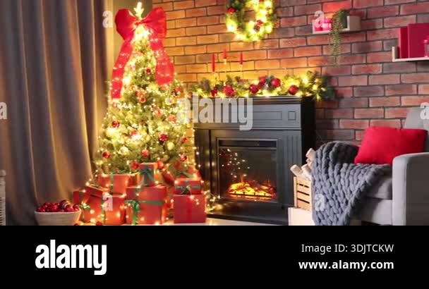 Beautiful room decorated for Christmas, camera moving right. Interior ...