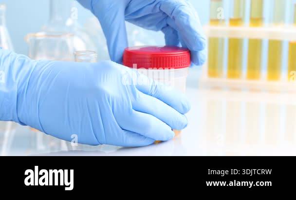 Urology. Laboratory worker taking urine sample from container at white ...