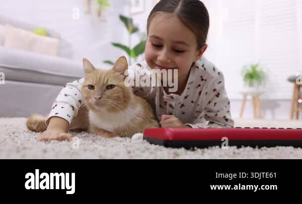 Little girl playing toy piano and cute cat at home Stock Video Footage ...