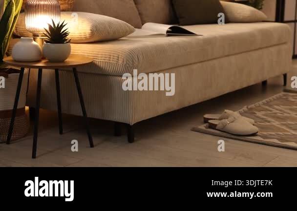 Interior design. Stylish living room with sofa and houseplants. Camera ...