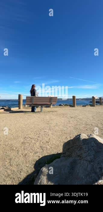 Quiet moment by ocean as person sits on bench in sunlight Stock Video ...