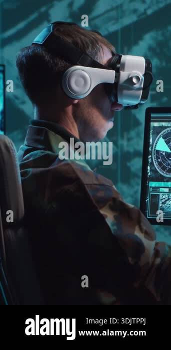 Soldier in a dimly lit military control room, intensely focused on ...