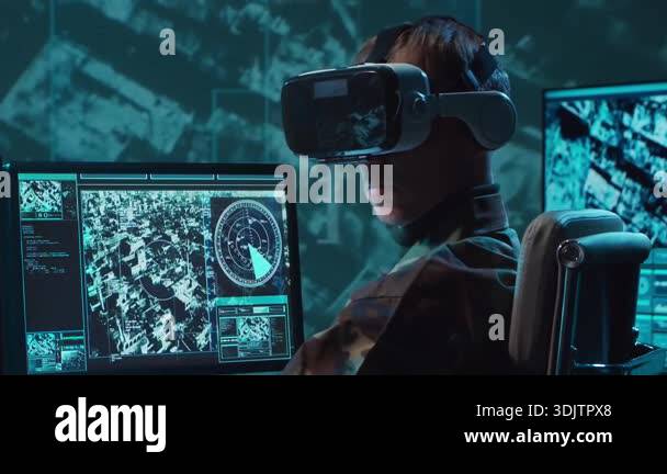 Soldier in a dimly lit military control room, intensely focused on ...