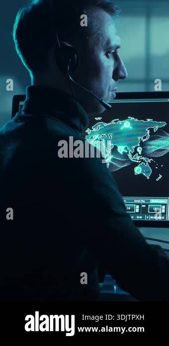 Soldier in a dimly lit military control room, intensely focused on ...
