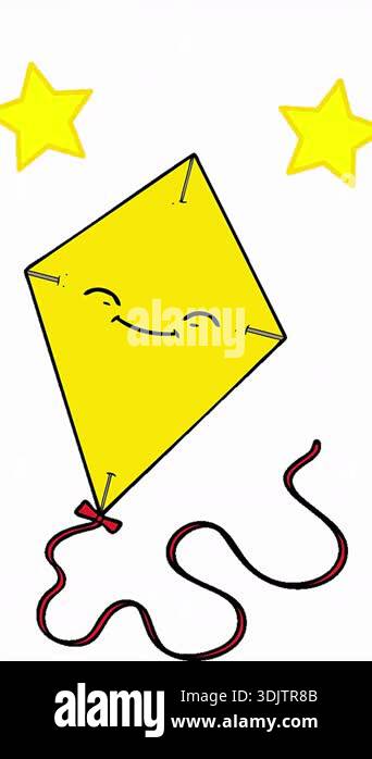 Cute yellow kite cartoon with smiling face and stars on light ...