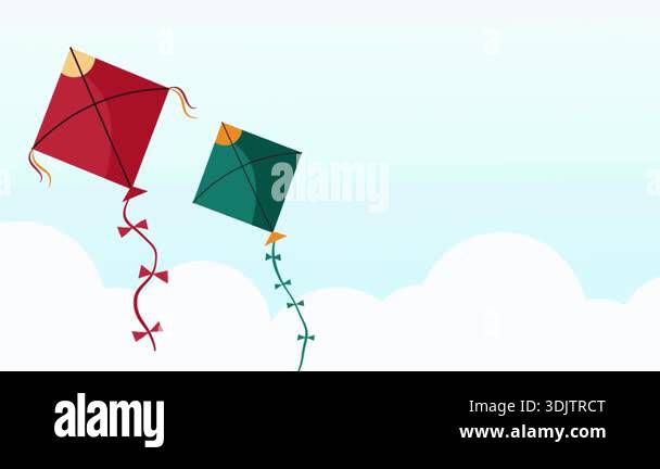Two traditional colorful kites flying in blue sky with clouds, simple ...