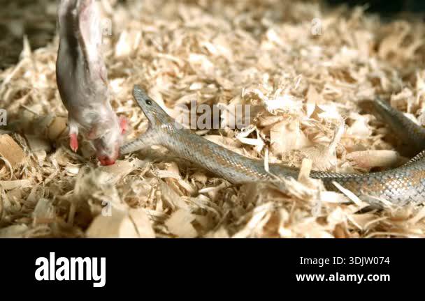 A pet snake striking and biting a dead feeder mouse being offered in a ...