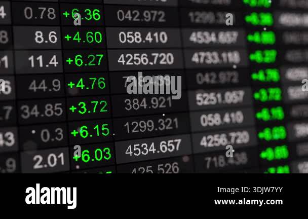 Seamless loop 3D animation of a stock market ticker table with green ...
