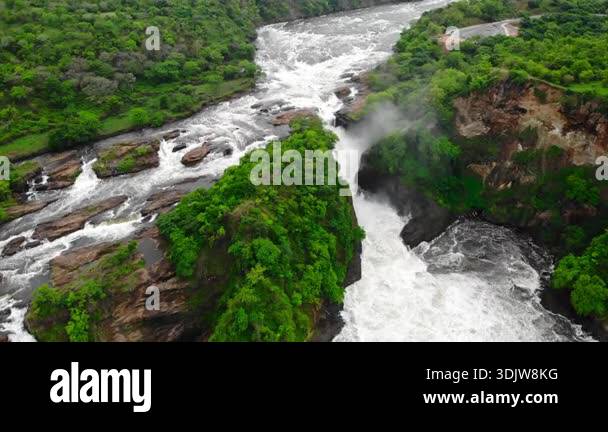 Violent Waterfall Gushing Through Narrow Gorge Chasm, Dramatic Aerial ...