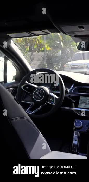 Vertical interior view of autonomous Waymo Jaguar I Pace taxi with ...