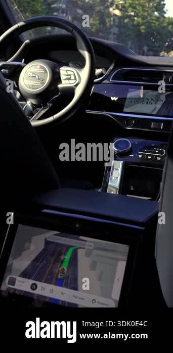 Vertical interior view from back seat of autonomous Waymo Jaguar I Pace ...