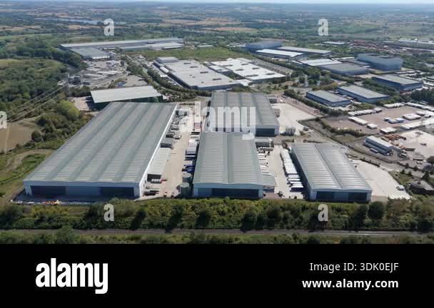 Extensive aerial view of massive industrial distribution centres and ...