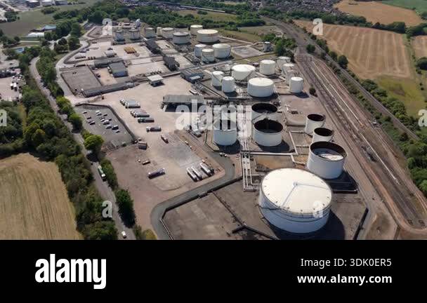 Aerial of massive fuel depot, silos and petroleum LPG gas and kerosene ...