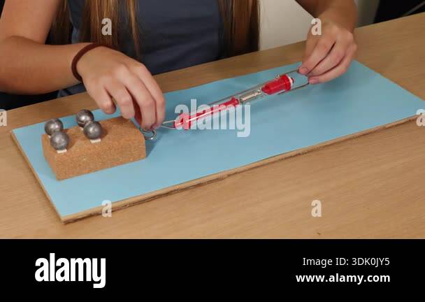 A person uses a spring scale to measure force needed to slide weights ...