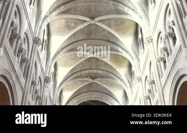 Tall vaulted ceiling and stone arches in old church interior Stock ...